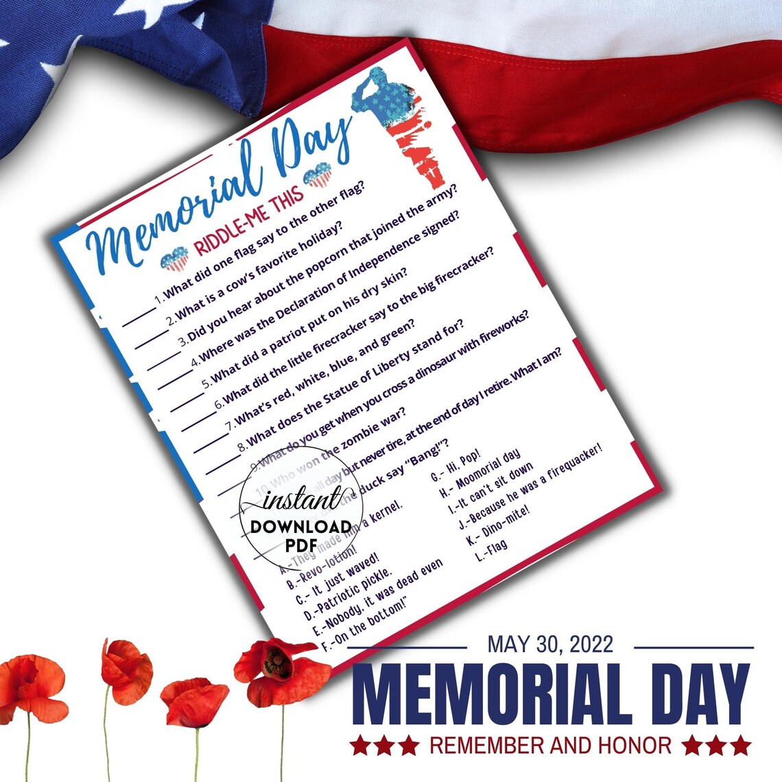 Memorial Day Riddles, Printable Family Game, Memorial Day Games ...
