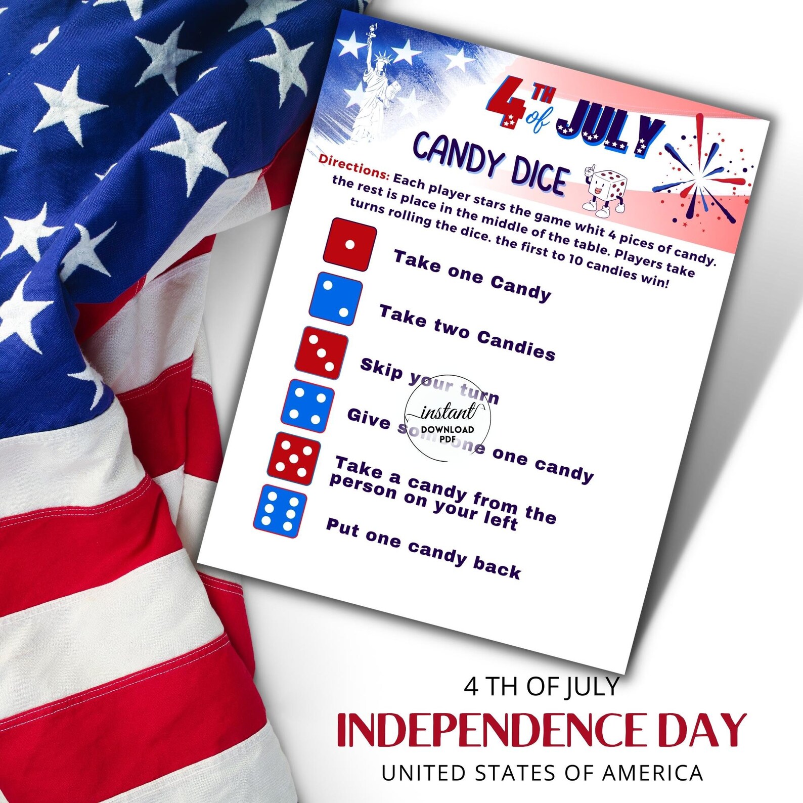 Fourth of July Candy Dice Game Printable Paper Dice - Etsy