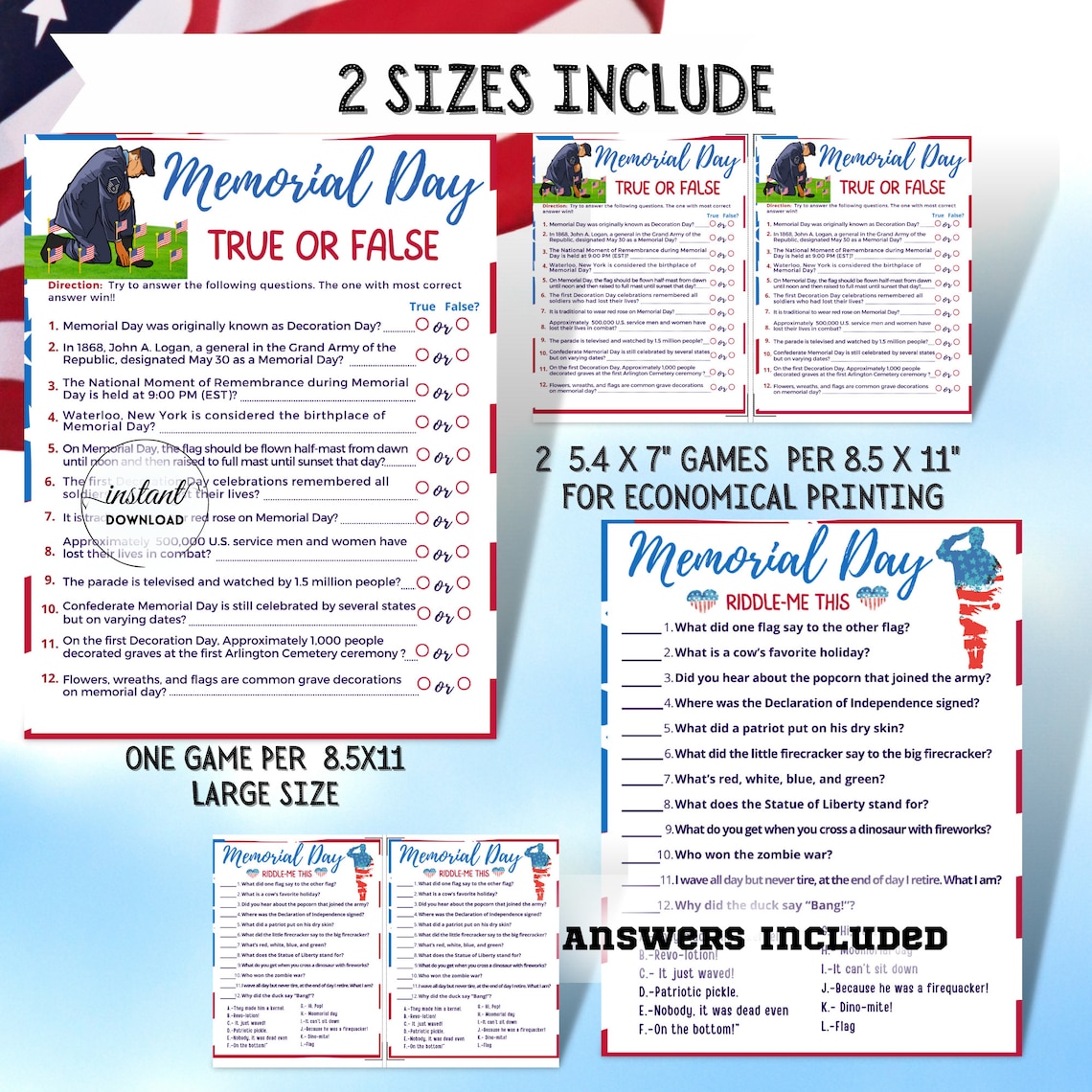 Memorial Day Games, 10 Pack Games, Printable Memorial Day, Game for ...