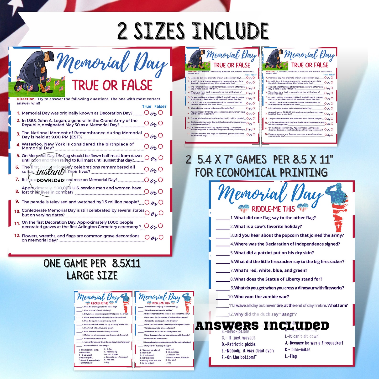 Memorial Day Games, 10 Pack Games, Printable Memorial Day, Game for ...