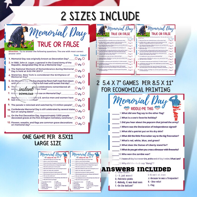Memorial Day Games, 10 Pack Games, Printable Memorial Day, Game for ...