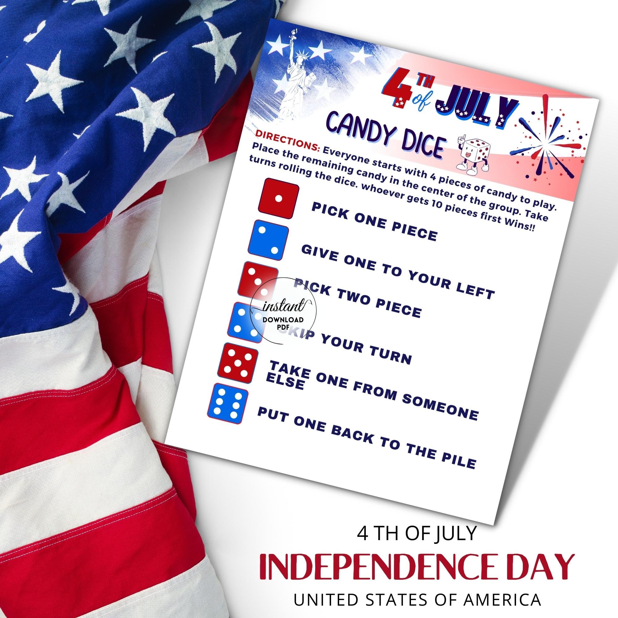 Fourth of July Candy Dice Game, Printable Paper Dice, Independence Day ...