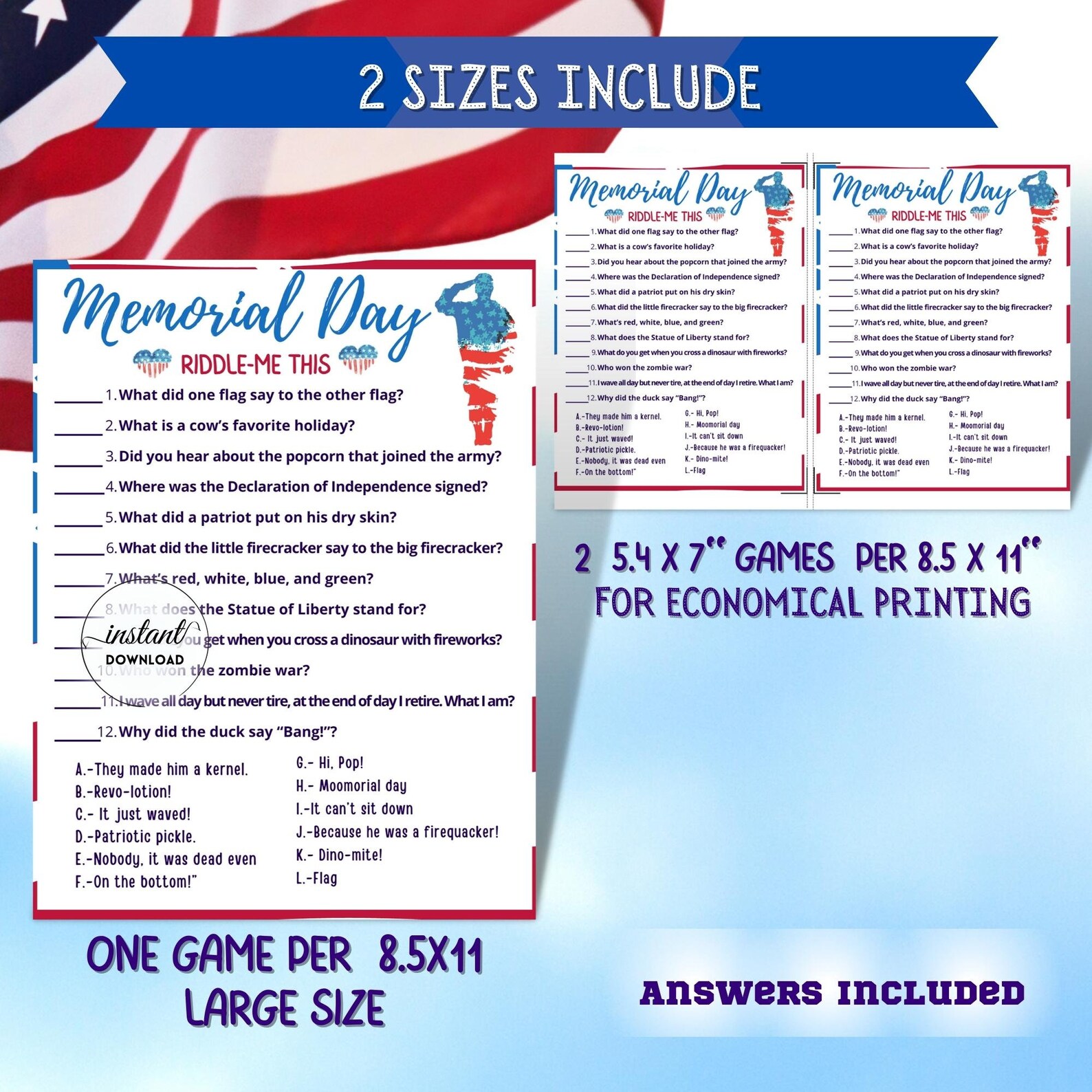 Memorial Day Riddles, Printable Family Game, Memorial Day Games ...