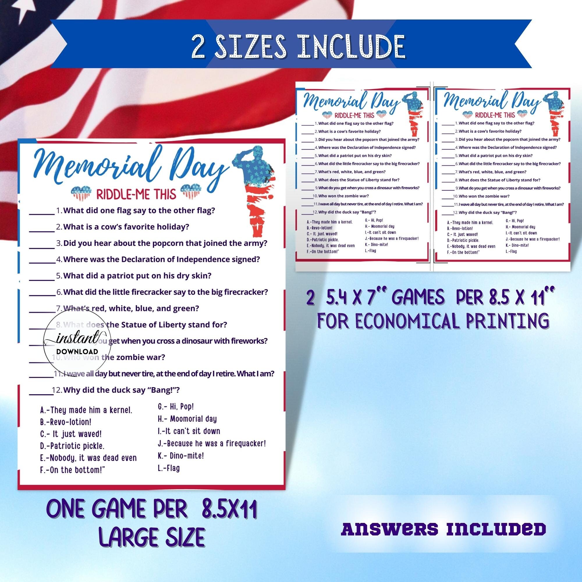 Memorial Day Riddles, Printable Family Game, Memorial Day Games ...