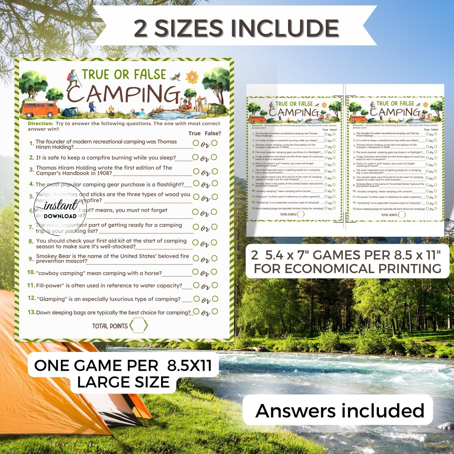 Camping Trivia Game, True or False Game, Fun Camping Game, Printable ...