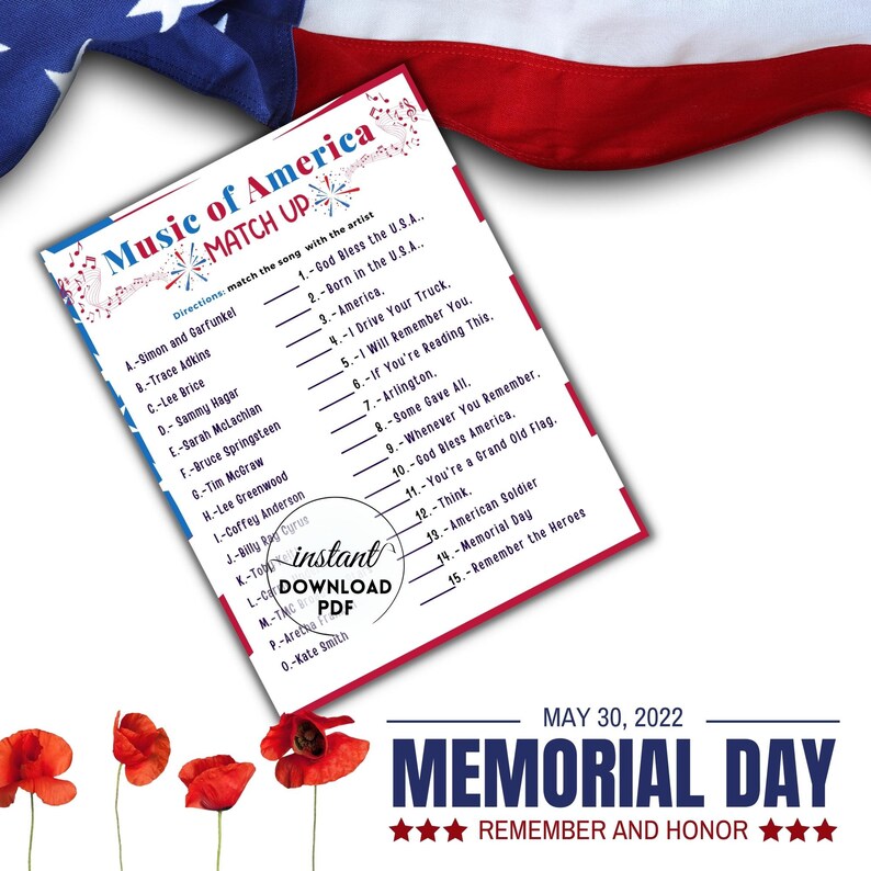 Music of America Match up Game, Printable Family Game, Patriotic Trivia ...