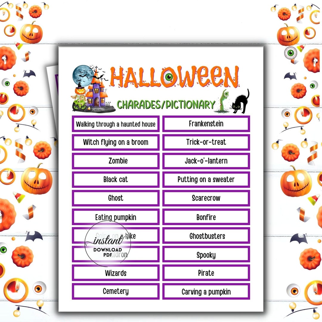 Halloween Charades, Pictionary Card Game, Halloween Activities for Kids ...