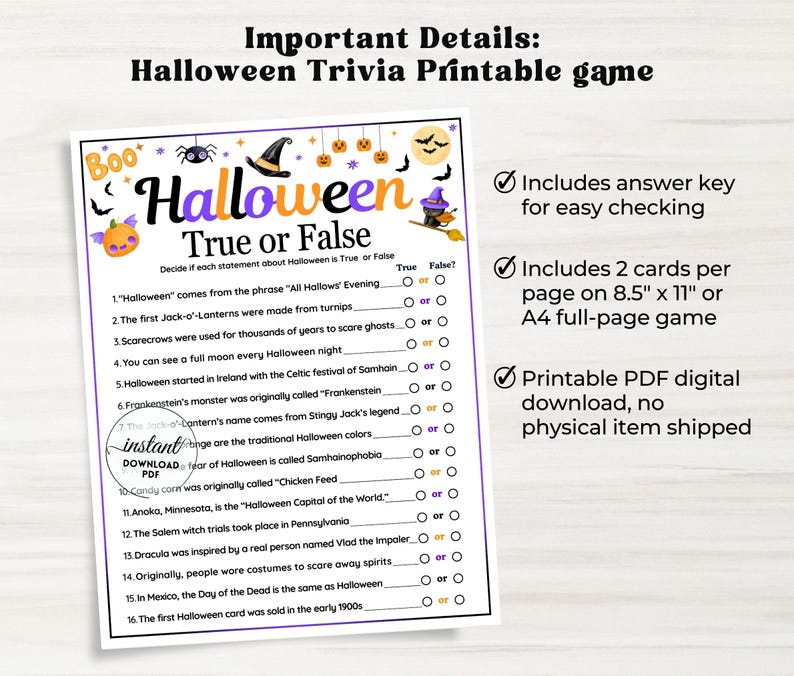 Halloween Trivia: True or False Party Game (PDF Printable) - Etsy