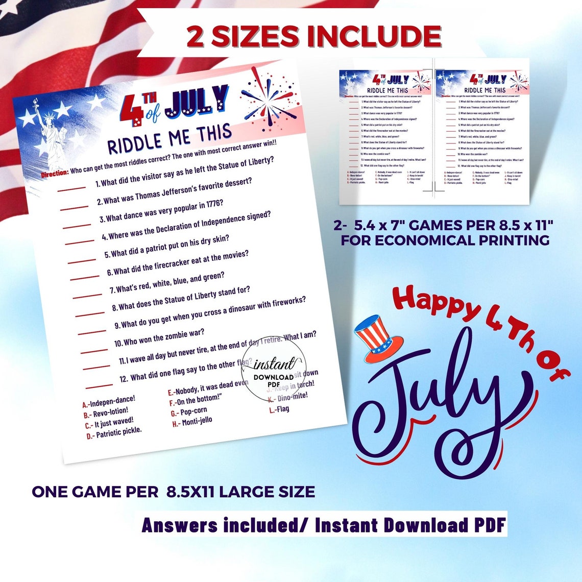 Fourth of July Riddles, Printable Fourth of July Game, Independence Day ...