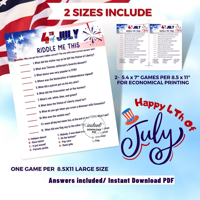 Fourth of July Riddles, Printable Fourth of July Game, Independence Day ...