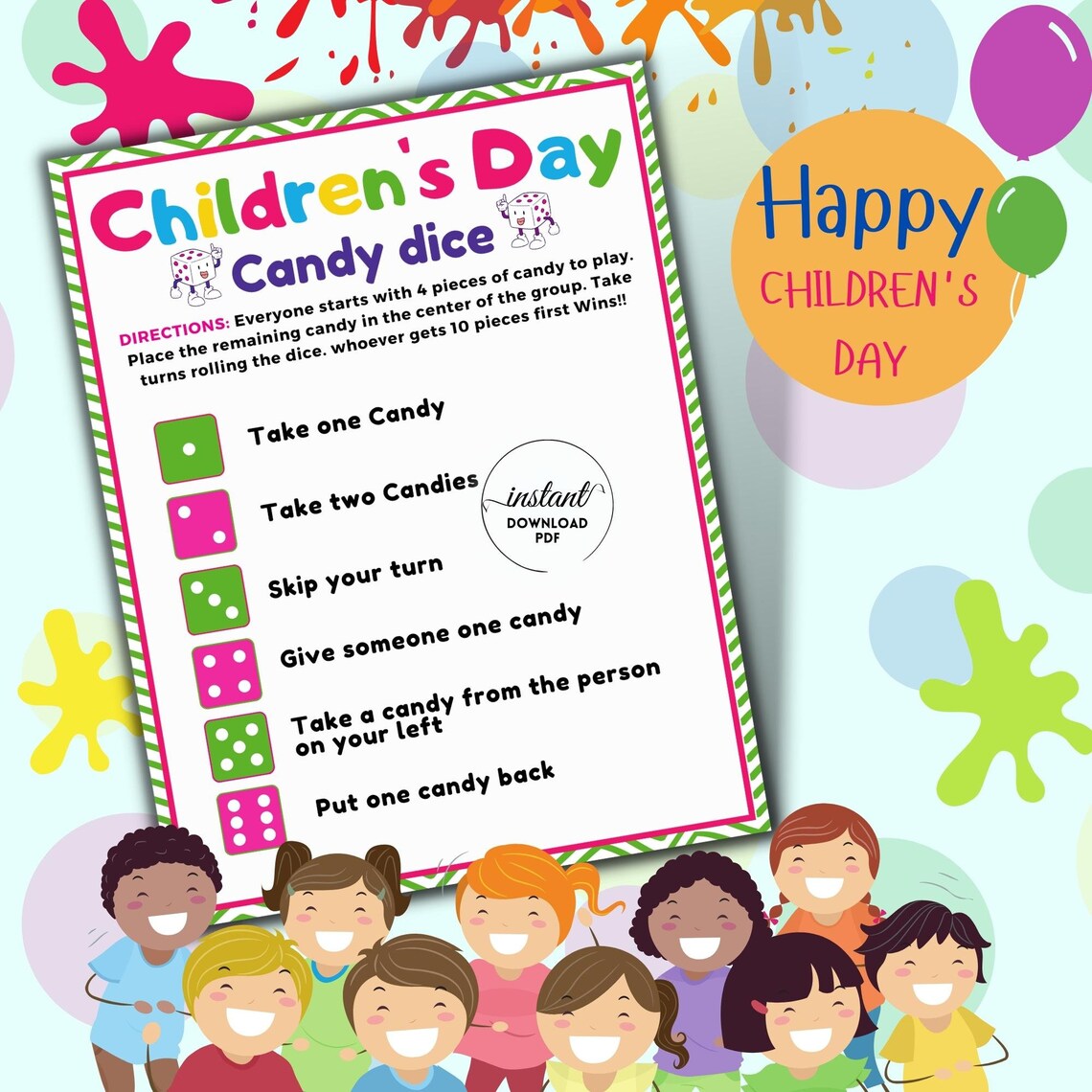 Candy Dice Game, Children's Day Game, Printable Paper Dice, Kids Party ...