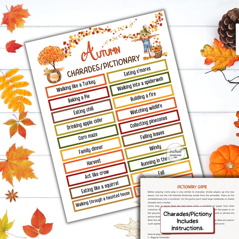 Autumn Charades / Pictionary Game, Fall Time Activities for Adults ...
