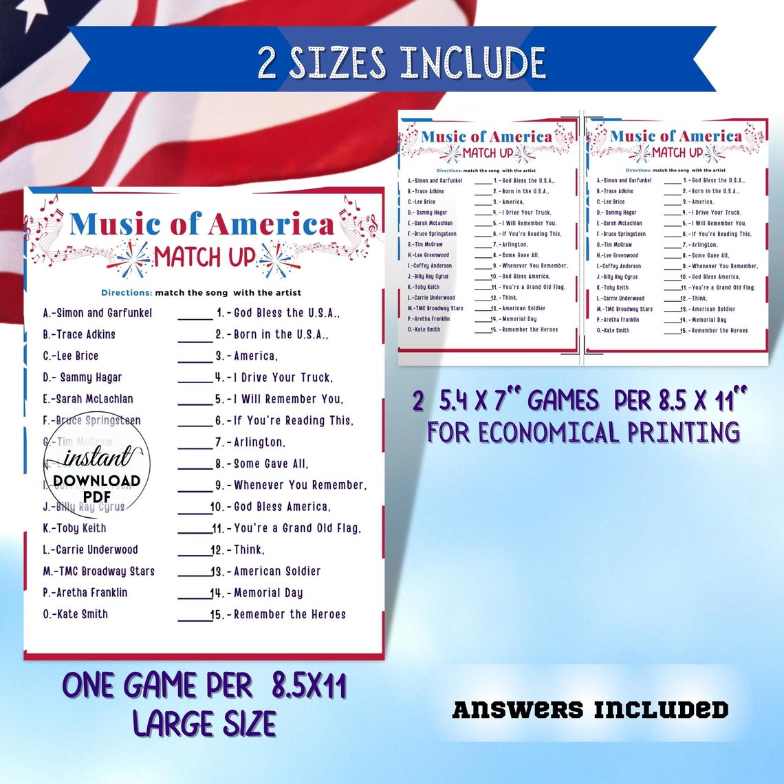 Music of America Match up Game, Printable Family Game, Patriotic Trivia ...