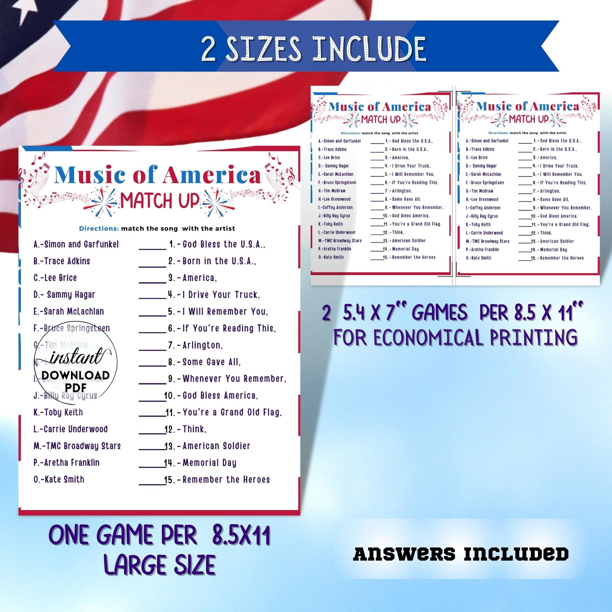 Music of America Match up Game, Printable Family Game, Patriotic Trivia ...