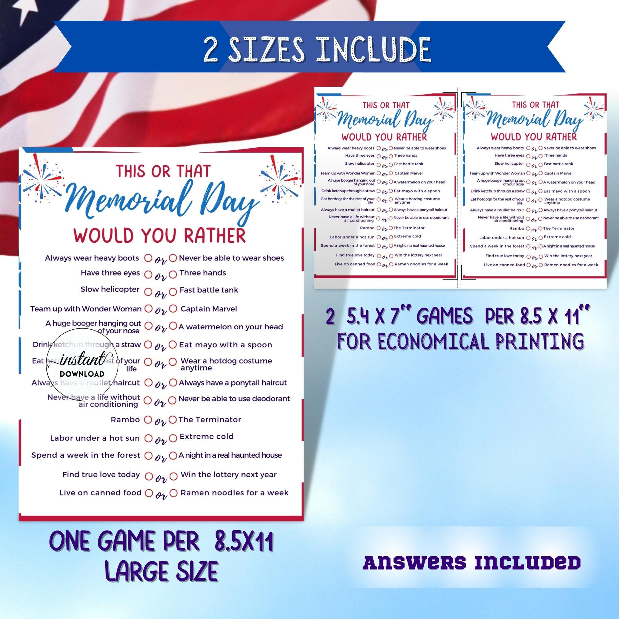 Memorial Day This or That, Would You Rather Game, Printable Memorial ...