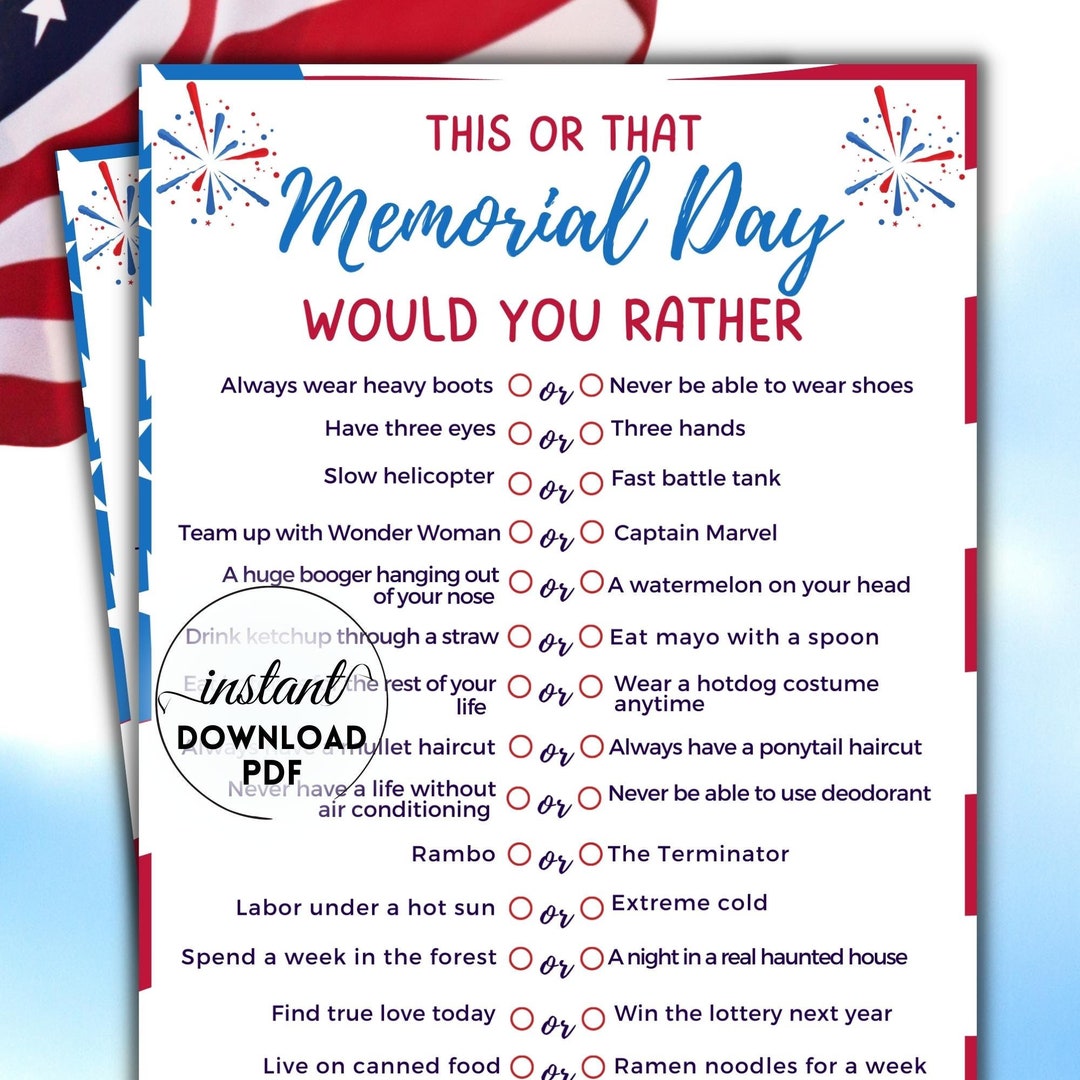 Memorial Day This or That, Would You Rather Game, Printable Memorial ...