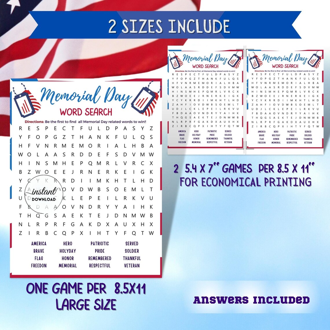 Memorial Day Word Search, Printable Family Game, Word Search, Memorial ...
