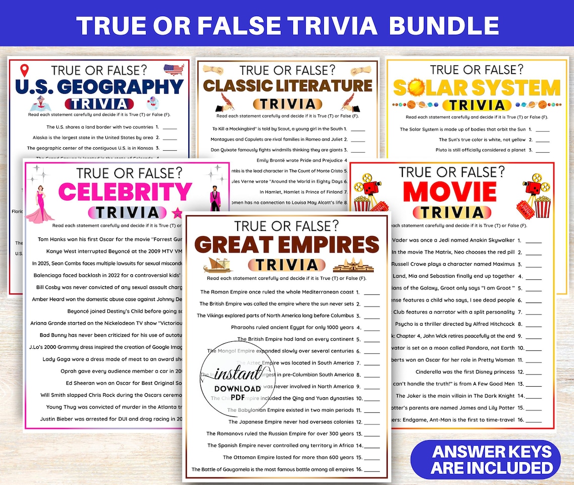 True or False Trivia Games Bundle: 560 Questions, Family Game Night ...