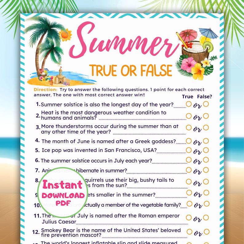 Summer Trivia Game: True or False Quiz (PDF Printable) - Etsy