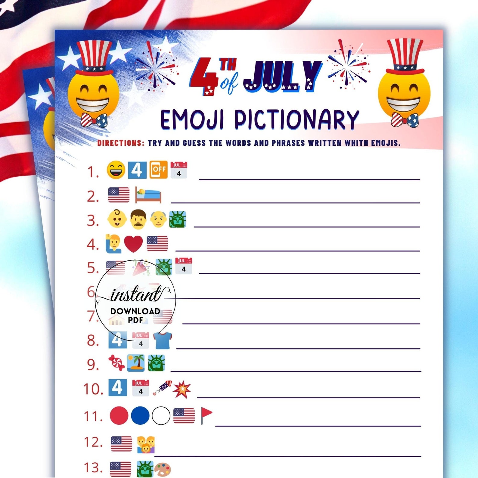 Fourth of July Emoji Pictionary, Printable Fourth of July Game ...