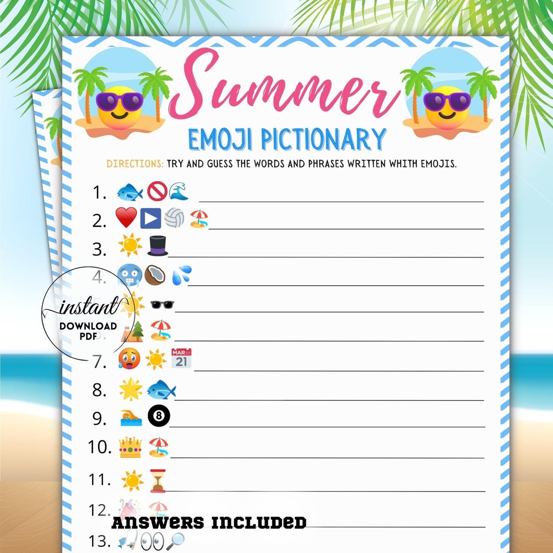 Summer Emoji Pictionary Game, Party Games, Emoji Trivia, Summer ...