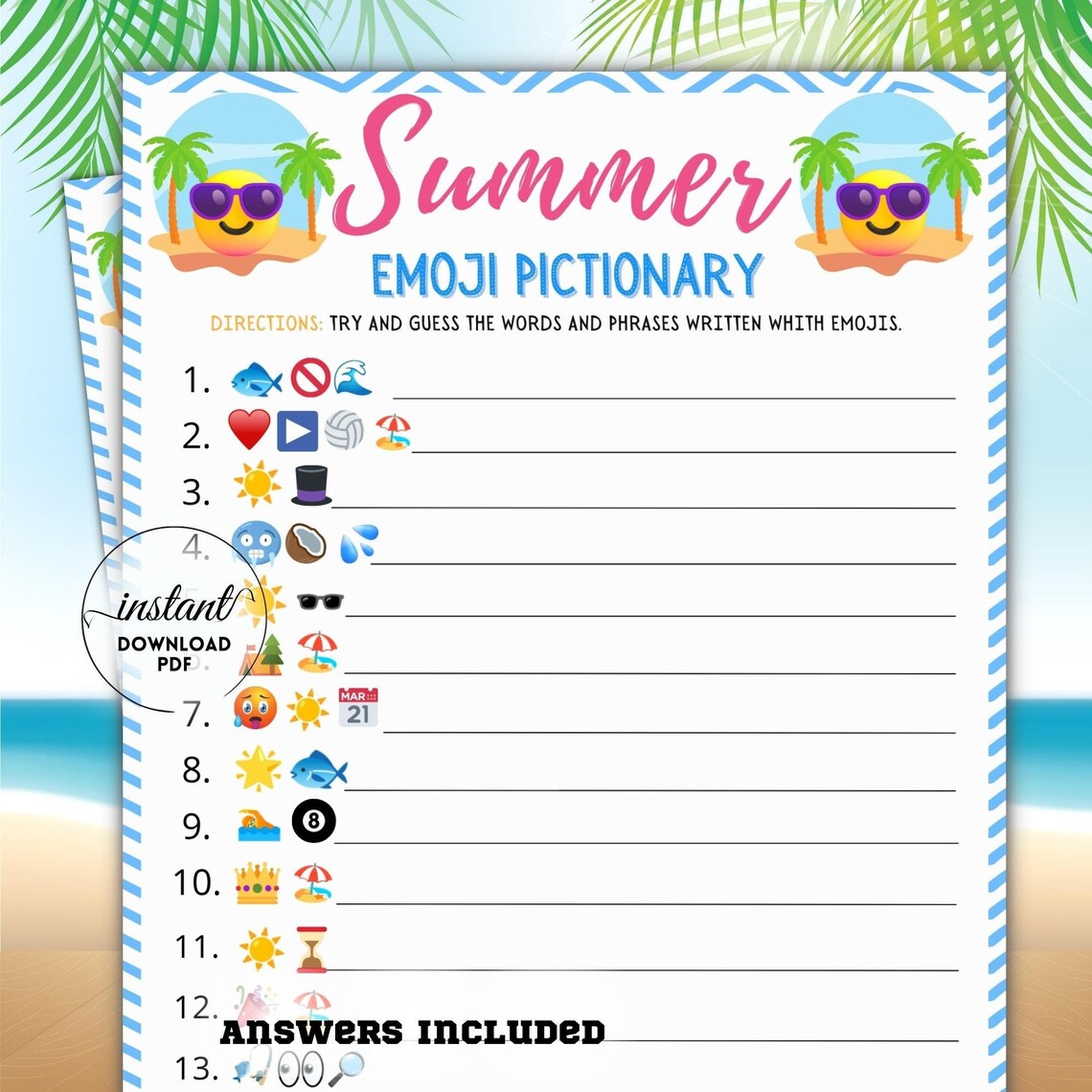 Summer Emoji Pictionary Game, Party Games, Emoji Trivia, Summer ...