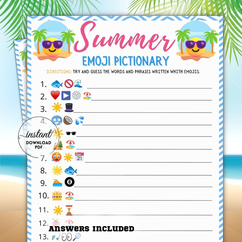 Summer Emoji Pictionary Game, Party Games, Emoji Trivia, Summer ...