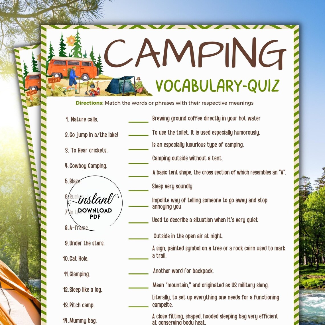 Camping Vocabulary Quiz, Trivia Game for Kids and Adults (PDF) - Etsy