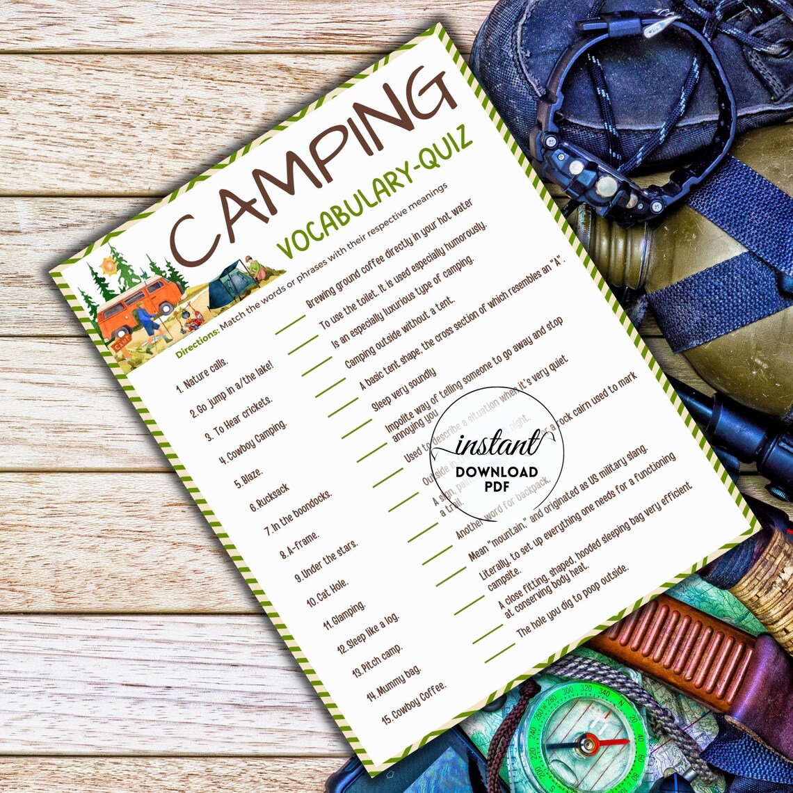 Camping Vocabulary Quiz, Trivia Game for Kids and Adults (PDF) - Etsy