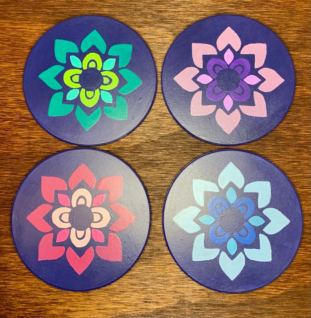 Flower Tile Coasters, Set of 4, Hand Painted, Traditional Tile Coasters ...