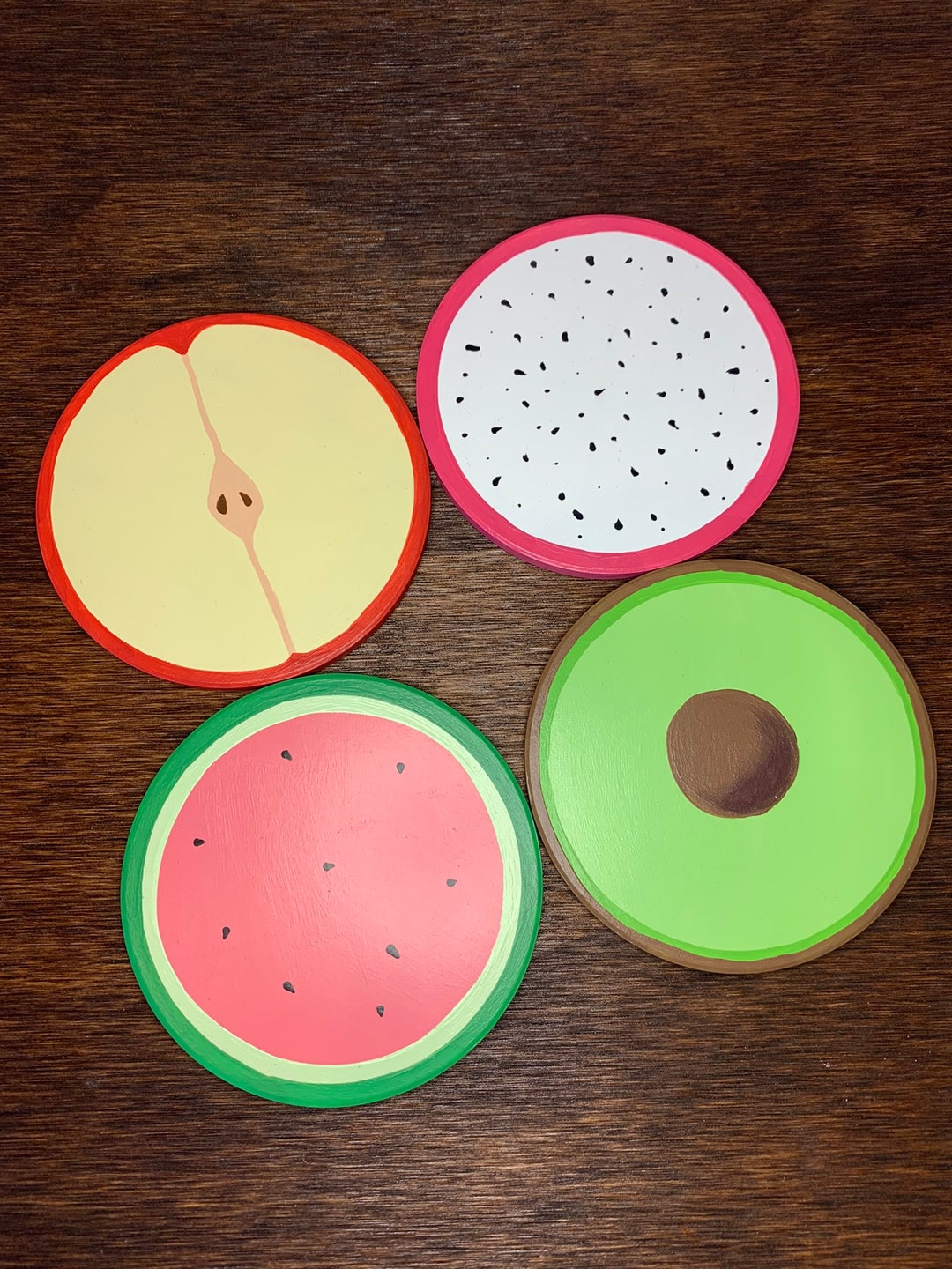 Fruit Slice Coasters, Set of 4, Hand Painted, Watermelon Dragonfruit ...