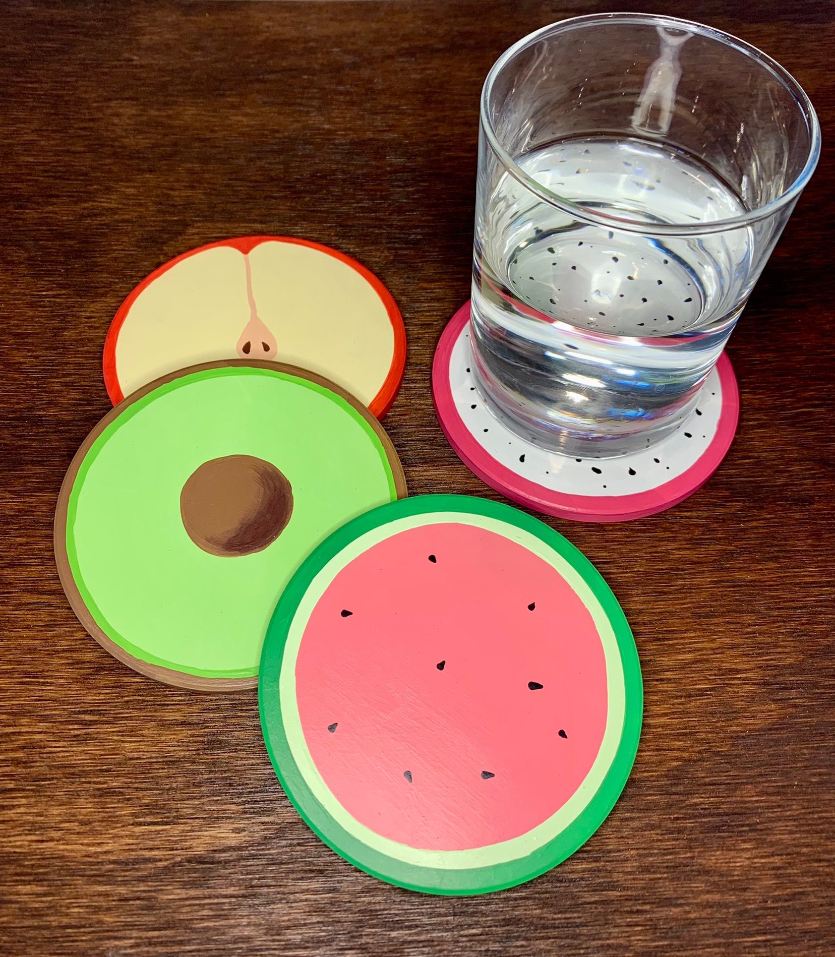 Fruit Slice Coasters, Set of 4, Hand Painted, Watermelon Dragonfruit ...