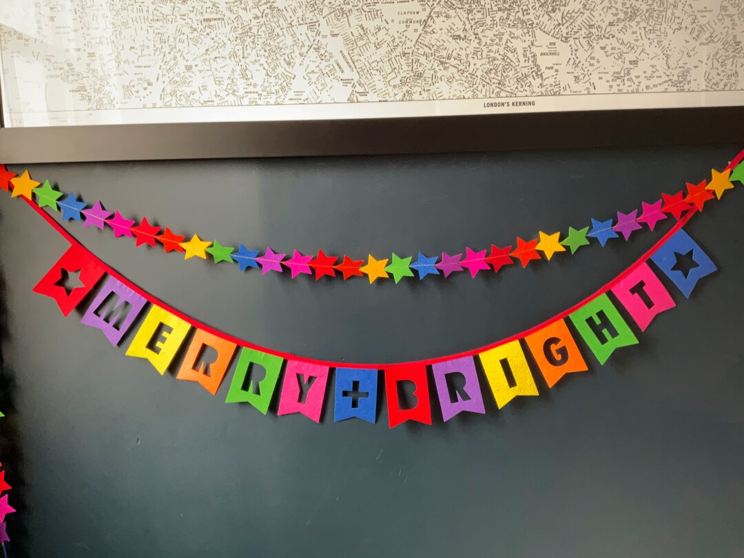 Merry and Bright Banner, Colourful Christmas Bunting, Rainbow Bright ...