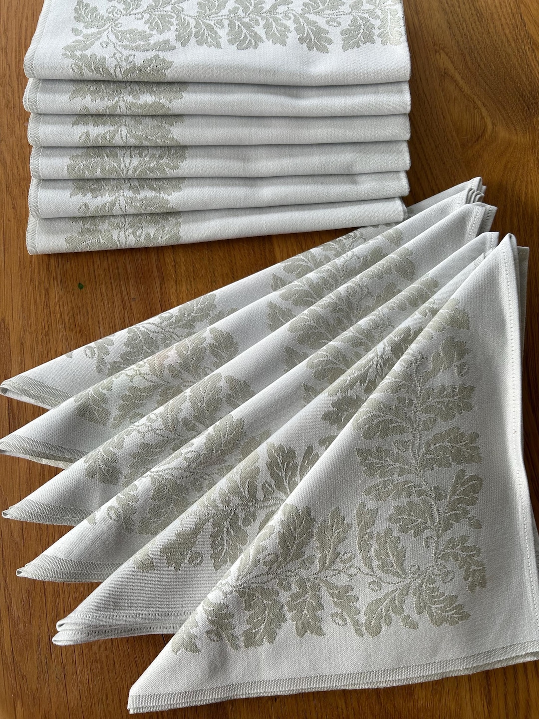Georg Jensen Damask Napkins – Set of 12 White and Sage Green Oak Leaf ...