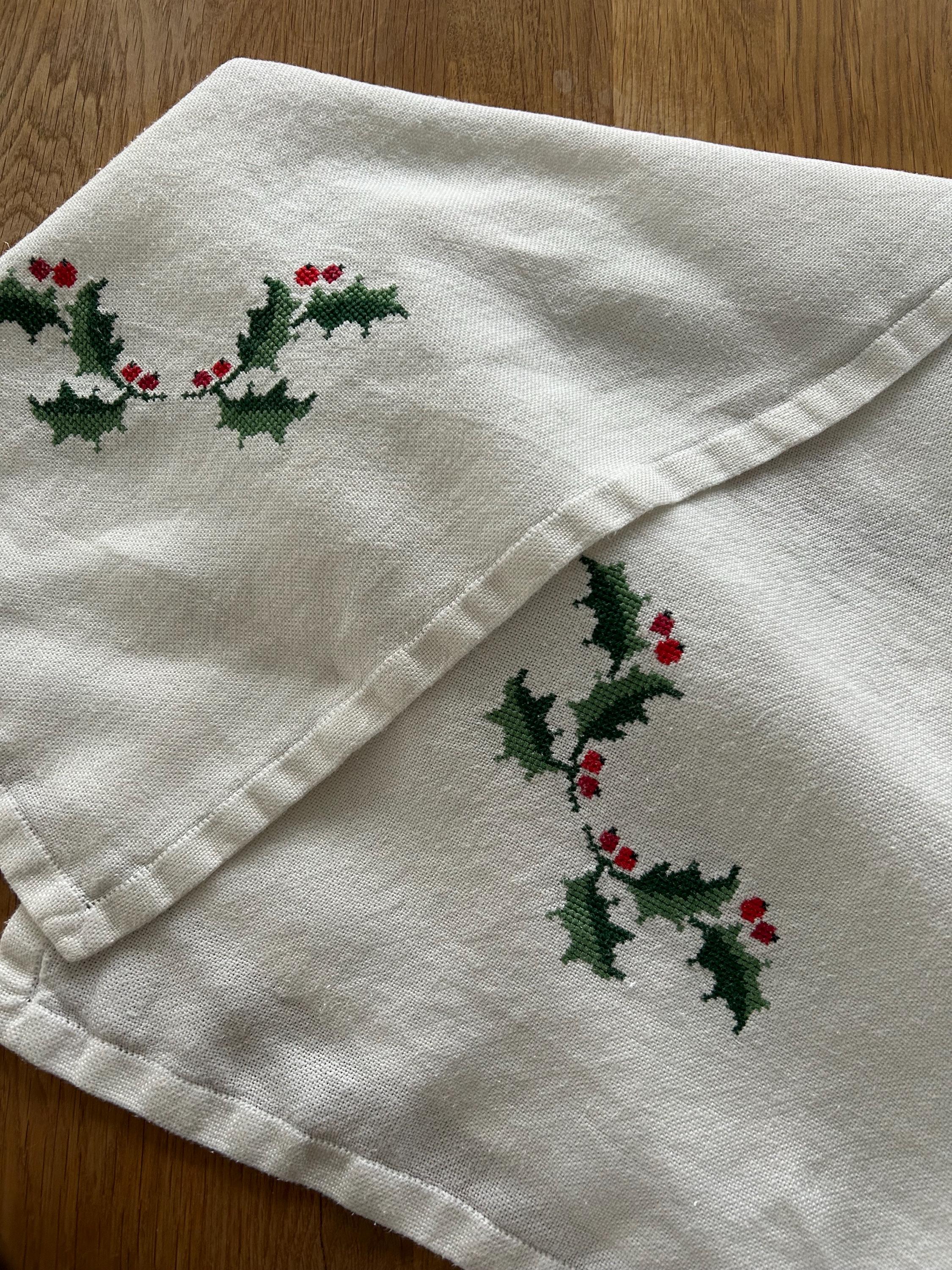 Vintage Christmas Embroidered Tablecloth – Red Poinsettia & Holly ...