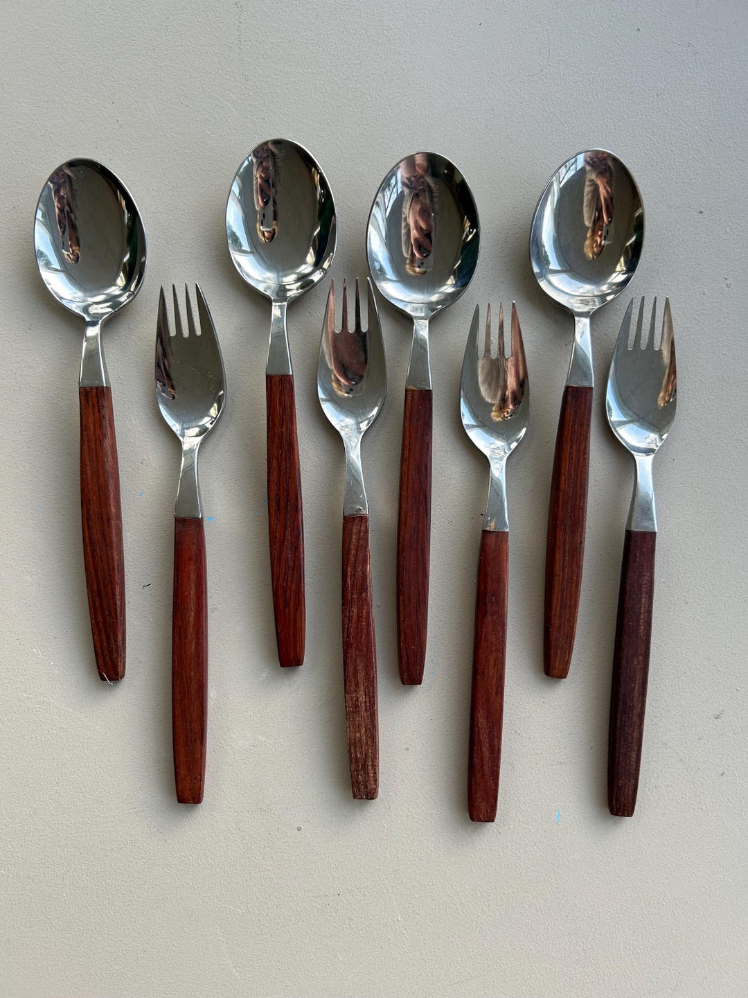 Vintage Danish Modern Stainless Steel and Teak Fork and Spoon Set - Mid ...