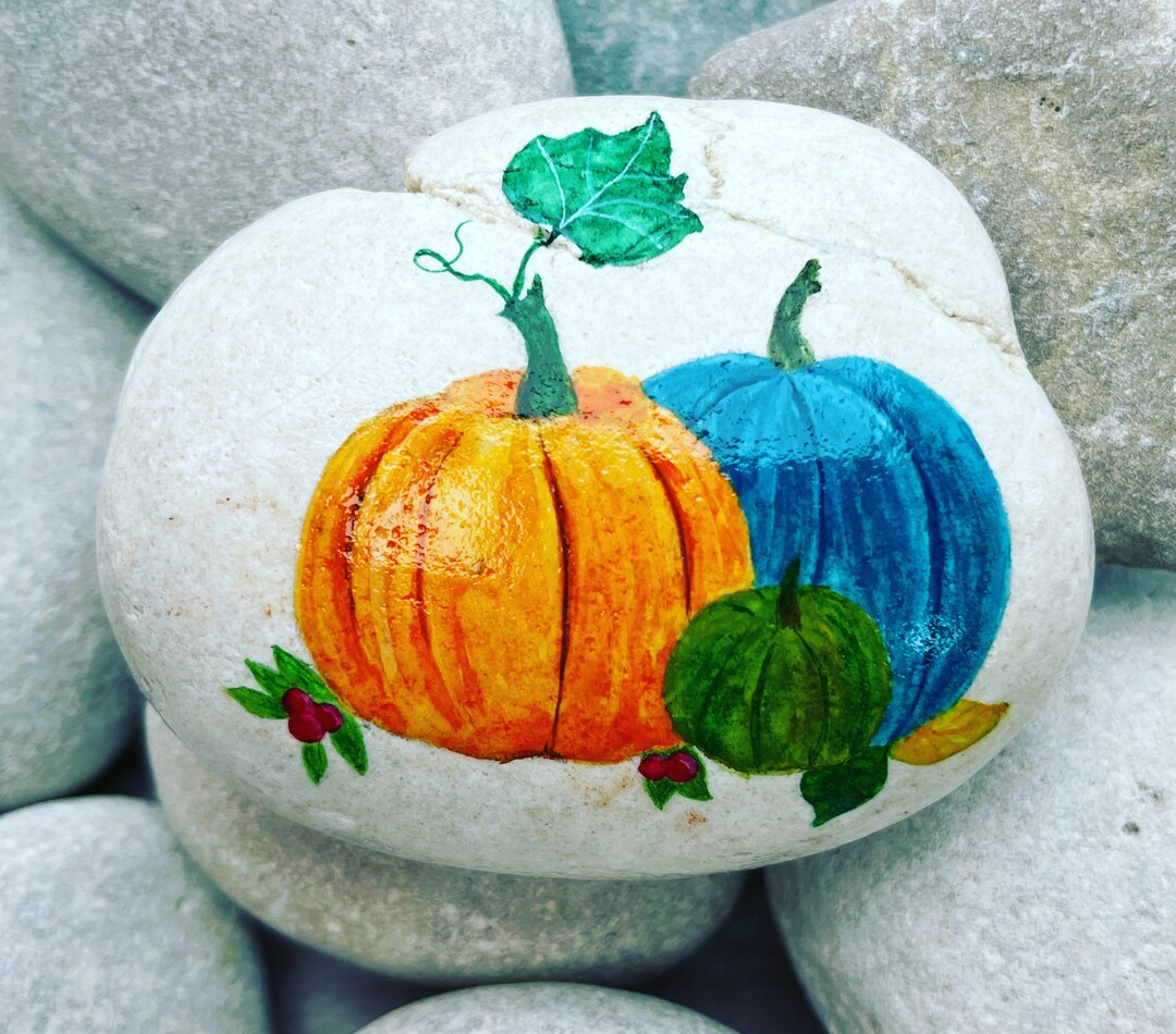 Painted Stones Autumn Stone Pumpkin Autumn Leaves Watercolor - Etsy