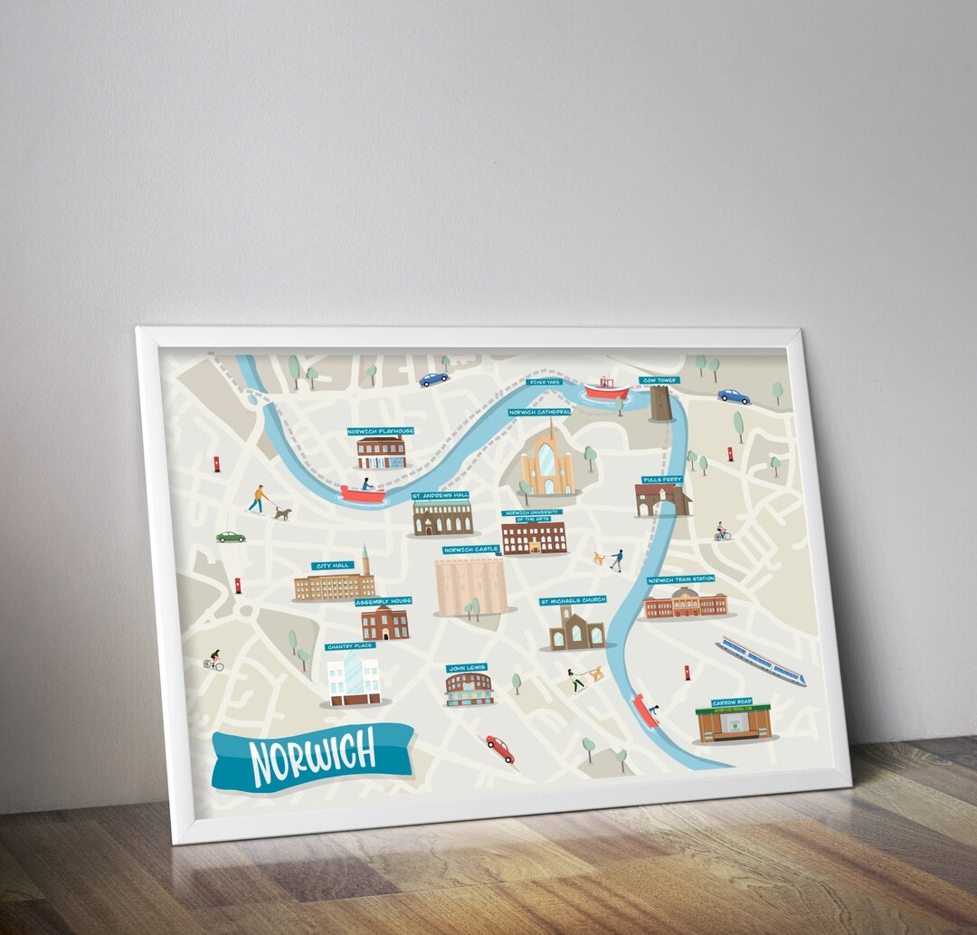 Norwich Illustrated Map Norwich Art City Illustration - Etsy