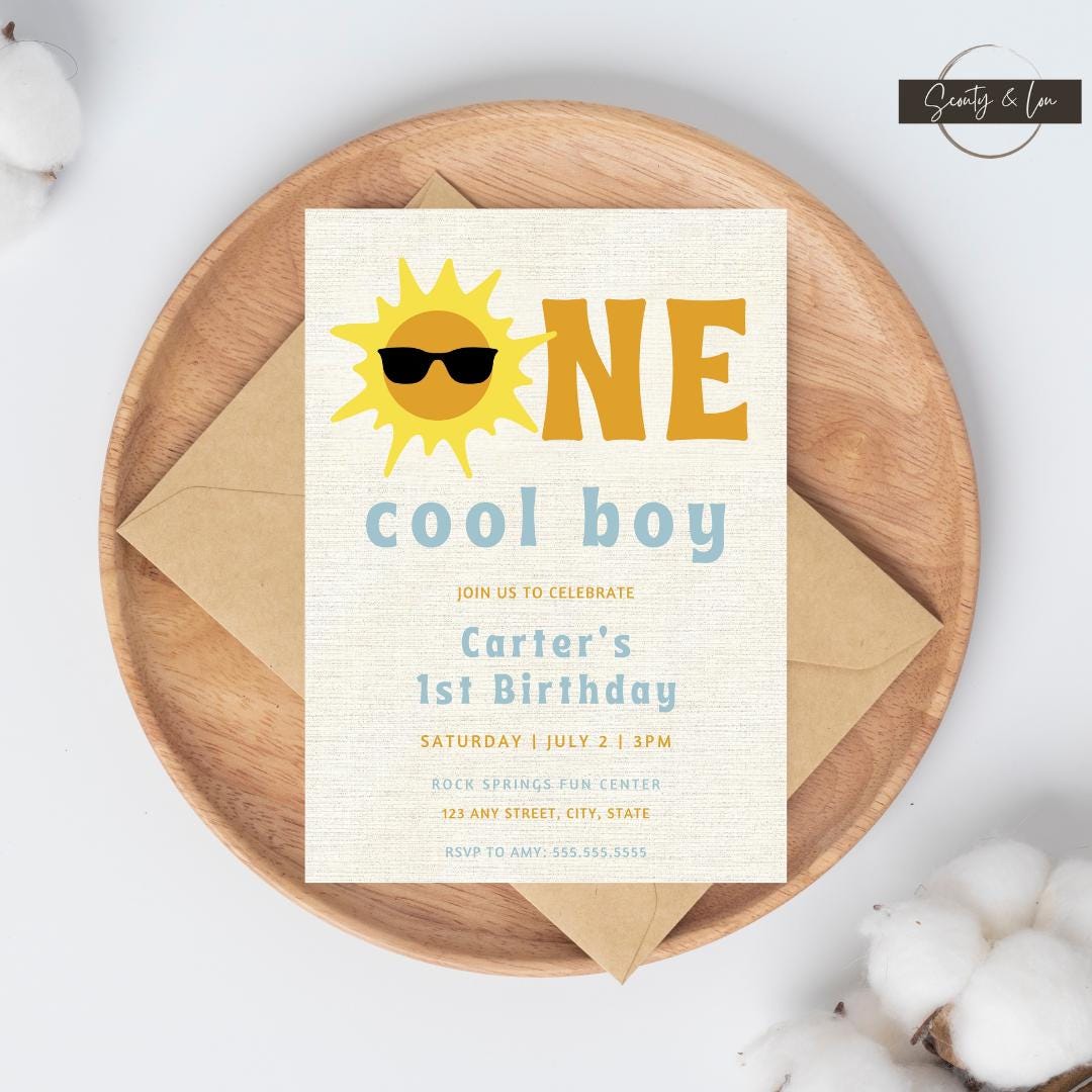 ONE Cool Boy First Birthday Invitation | Editable Summer Boy Birthday ...