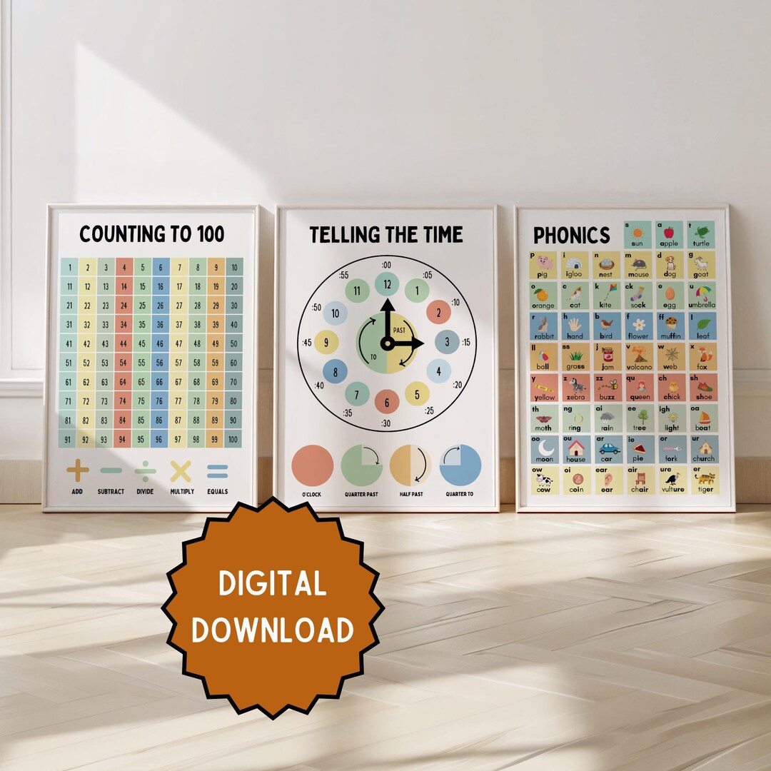 Educational Prints Set: Telling Time, Phonics, Counting (PDF Download ...