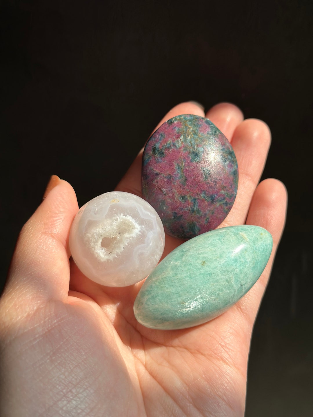 STUNNING 3pc Crystal Set Amazonite Shiva, Druzy Agate Sphere, Ruby X Kyanite Palm Stone - Etsy