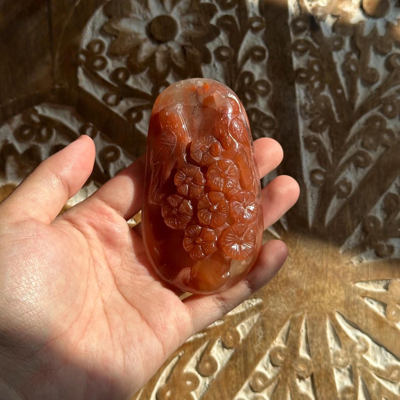Rare Hand Carved Quartz - Red Rabbit Fur Inclusion - Birds and Flowers ...