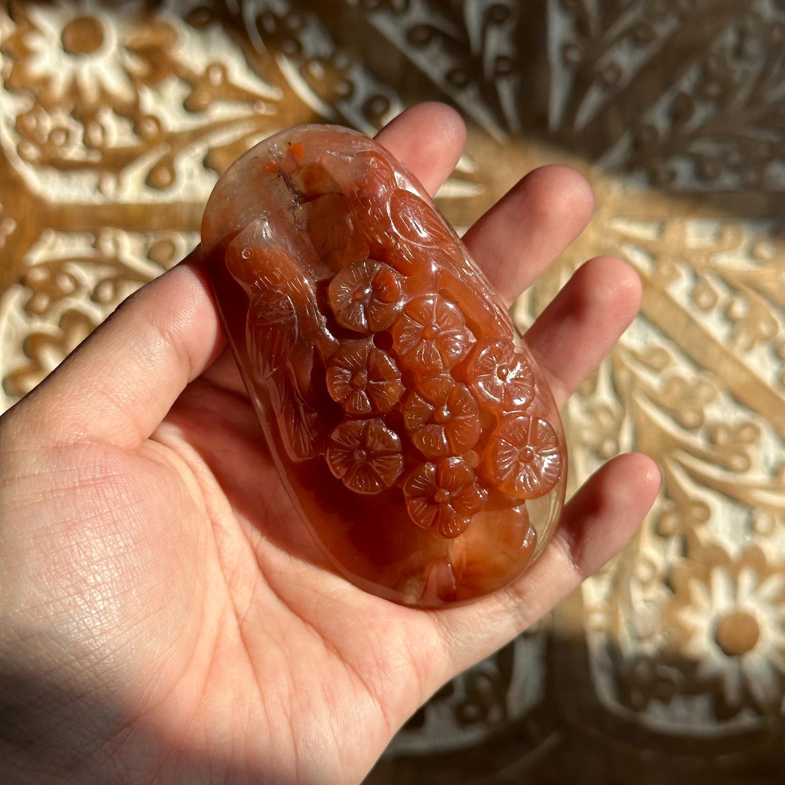 Rare Hand Carved Quartz - Red Rabbit Fur Inclusion - Birds and Flowers ...