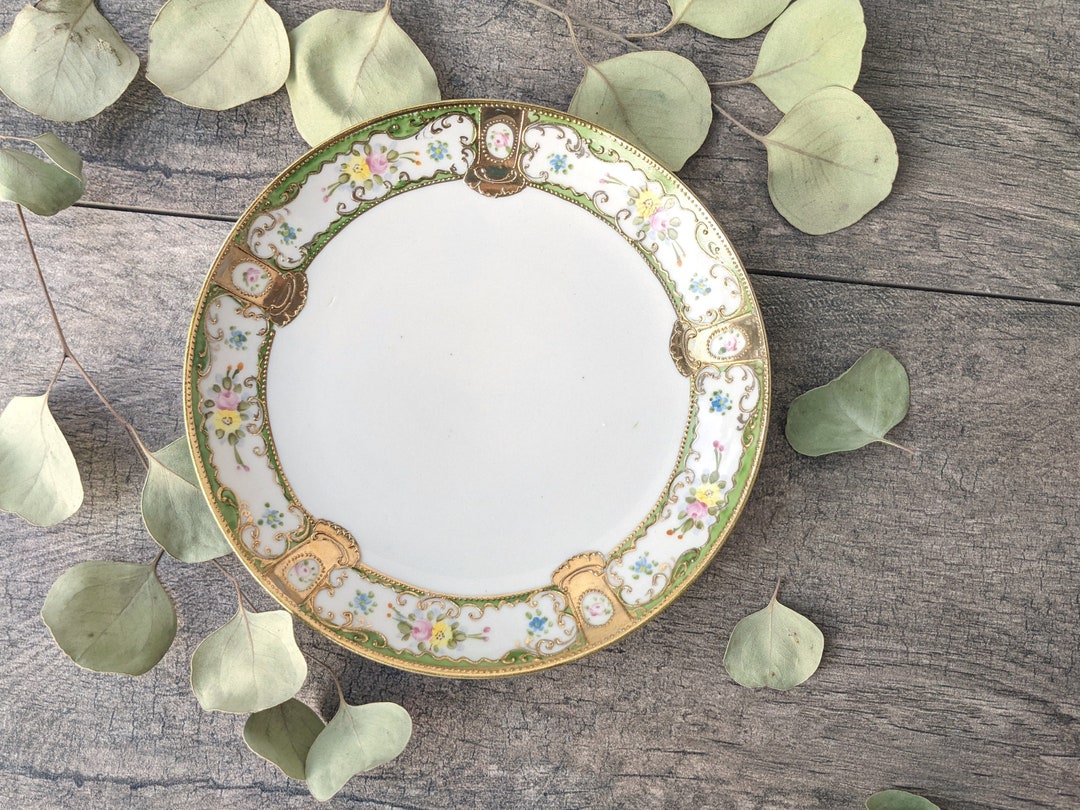 Vintage Nippon Hand Painted Green and Pastel Floral Plate With Gold ...