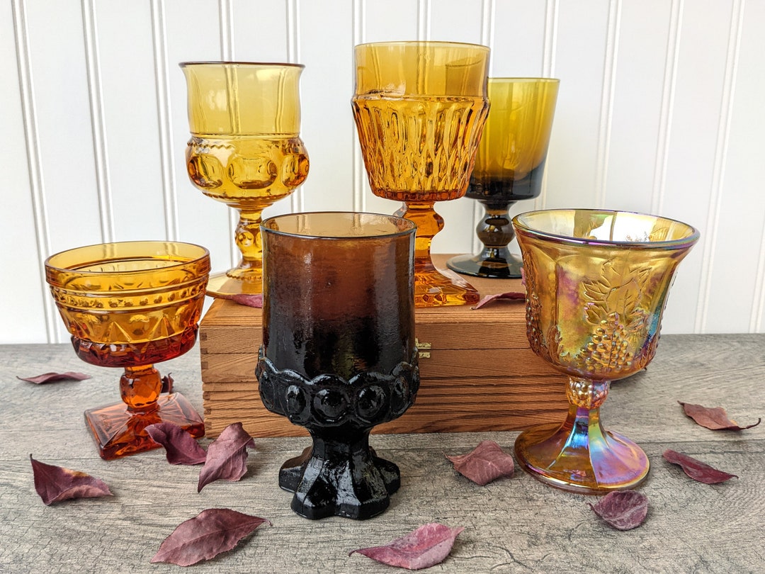 Set of 6 Amber and Brown Mismatched Vintage Glass Goblets, Eclectic ...