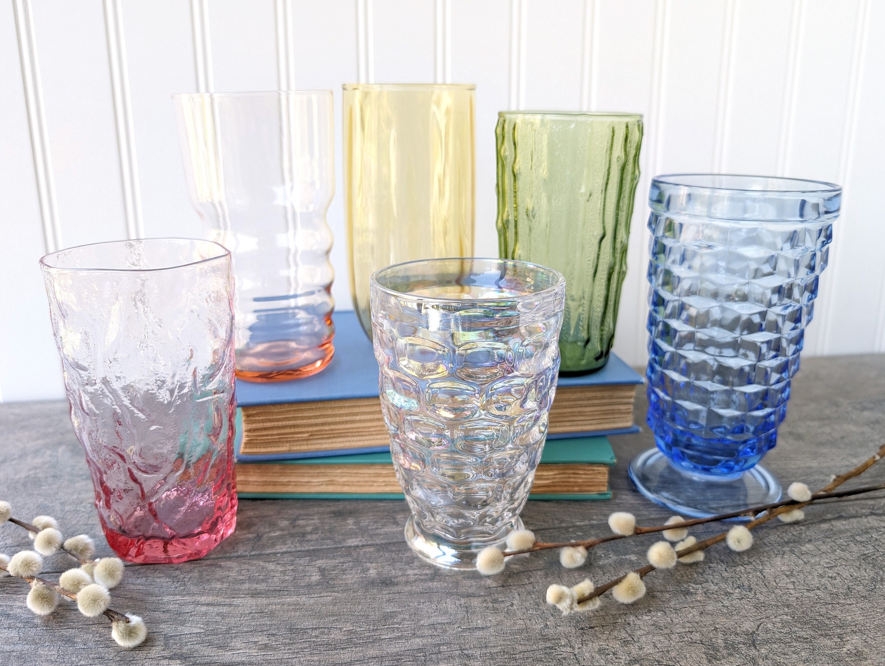 Set of 4 Vintage Pastel Rainbow Glass Tumblers, Colorful Boho Wedding Goblets, Multicolor ...