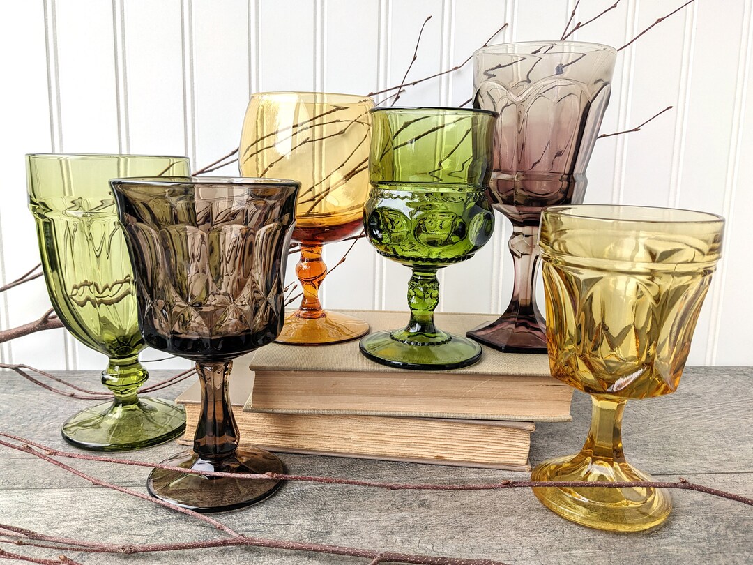 Set of 6 Vintage Mismatched Glass Wine Water Goblets, Fall Color ...