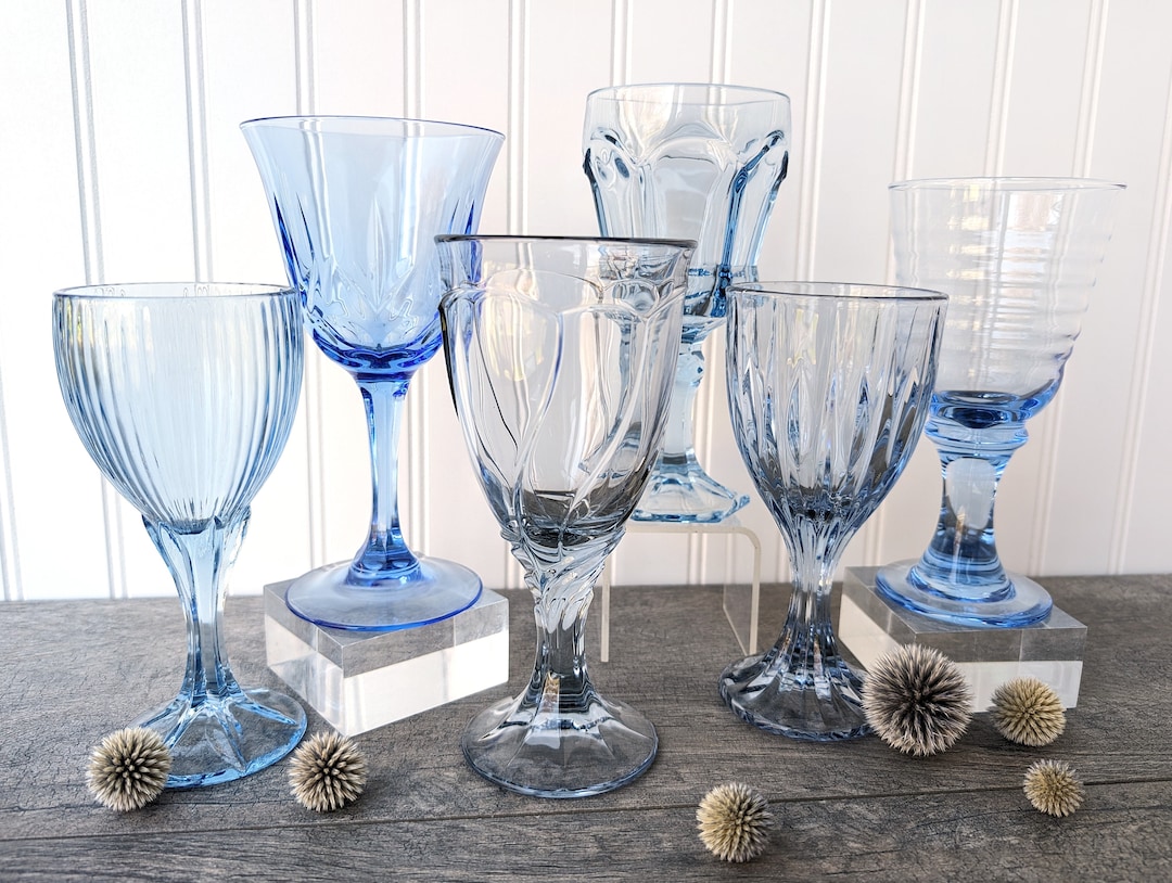 Set of 6 Mismatched Light Blue Glass Water Goblets, Boho Blue Wedding ...