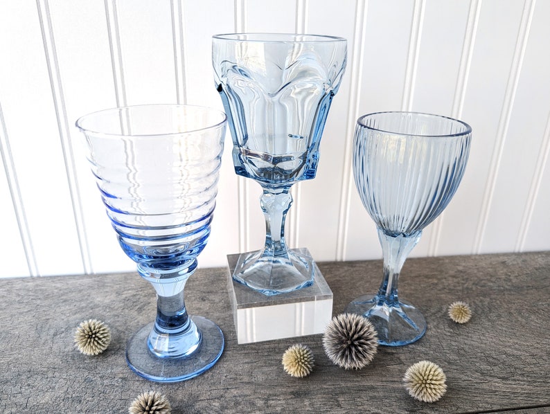 Set of 6 Mismatched Light Blue Glass Water Goblets, Boho Blue Wedding ...