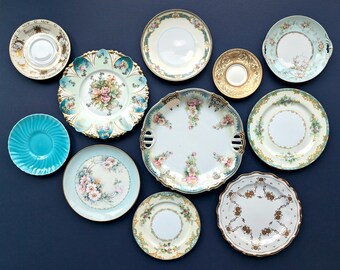 Vintage Navy Blue Flow and Gold Plate Wall Collection, Farmhouse Wall ...